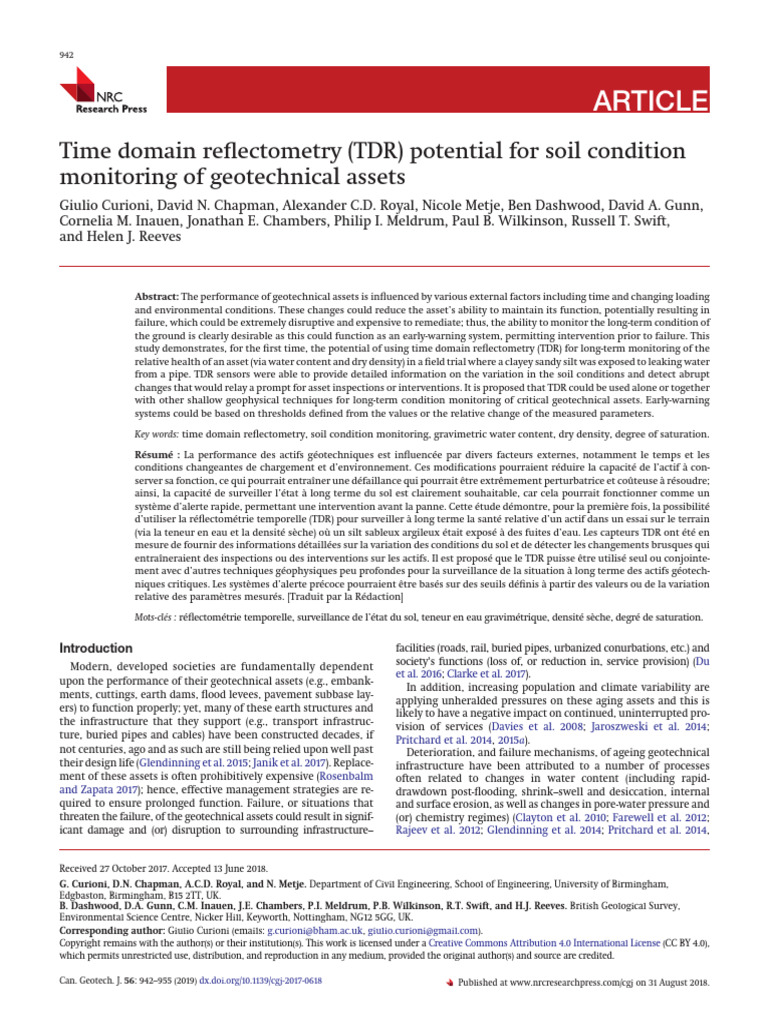 Time Domain Reflectometry (TDR) Potential for Soil Condition Monitoring of Geotechnical Assets ...