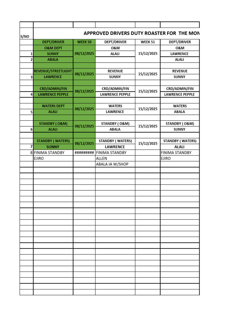 November 2025 Driver Duty Roster | PDF
