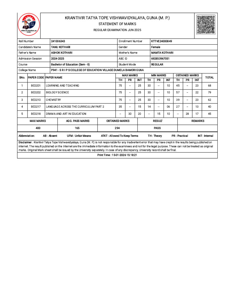 Krantivir Tatya Tope Vishwavidyalay, Guna, Madhya Pradesh (1) | PDF ...