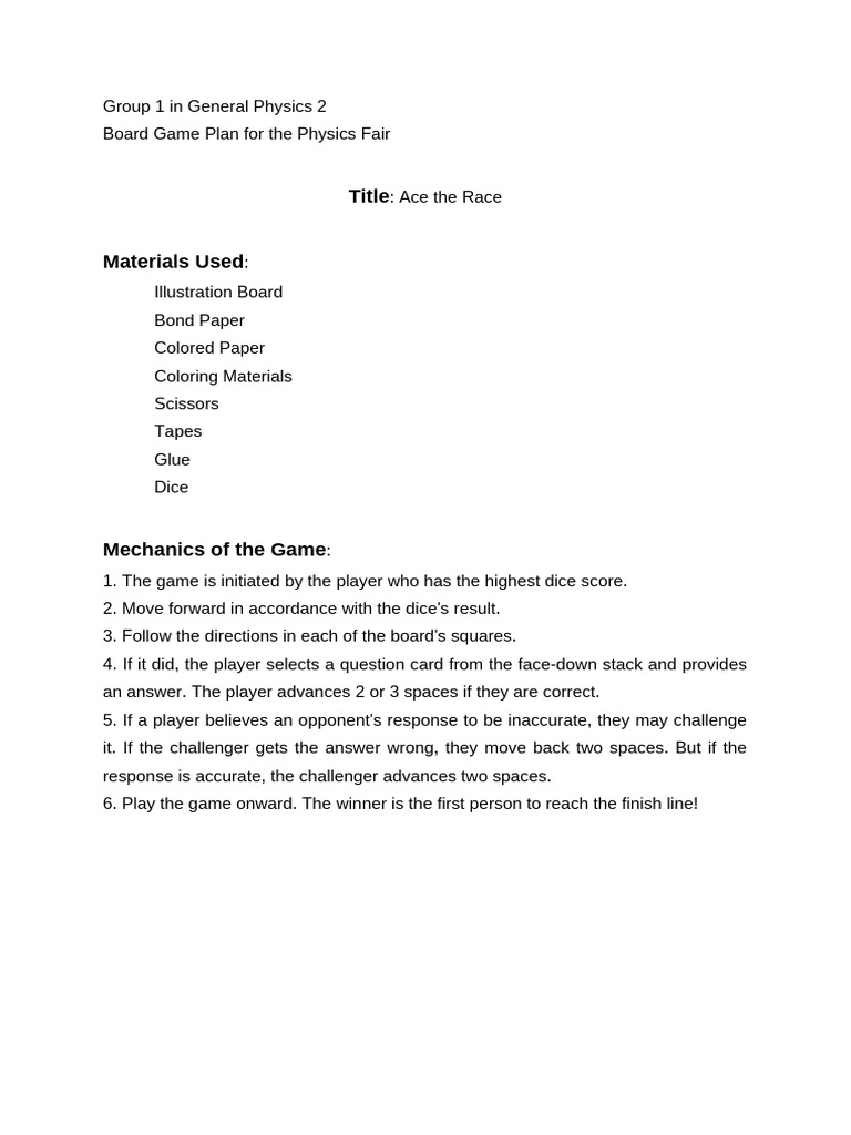 Physics Fair Board Game: Ace the Race | PDF