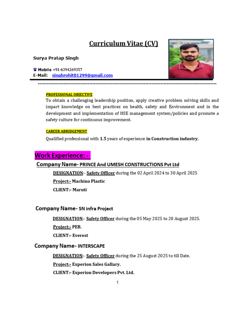 Surya Pratap Cv Updated | PDF | Occupational Safety And Health | Workplace