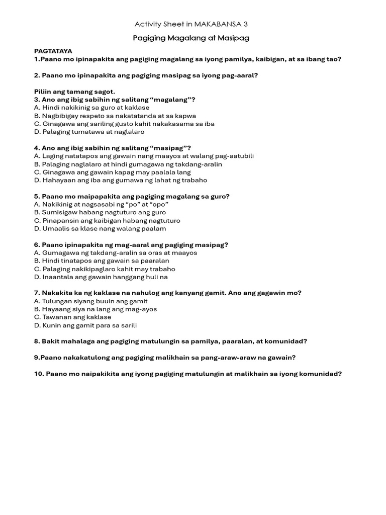 Activity Sheet in MAKABANSA 3-December 2, 2025 | PDF