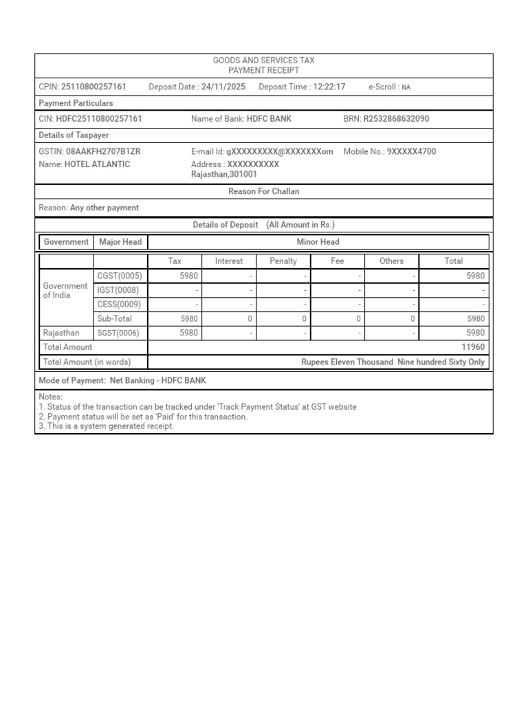 GST Payment Receipt for Hotel Atlantic | PDF
