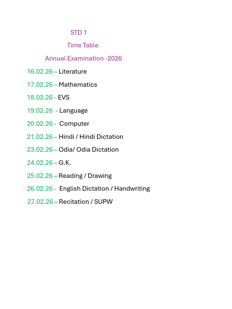 STD 1 Annual Exam Time Table | PDF