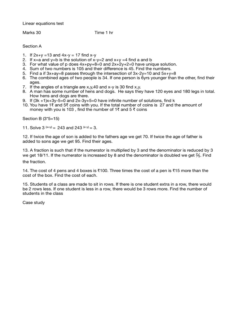 Linear Equations Test Class 10_251212_190516 | PDF