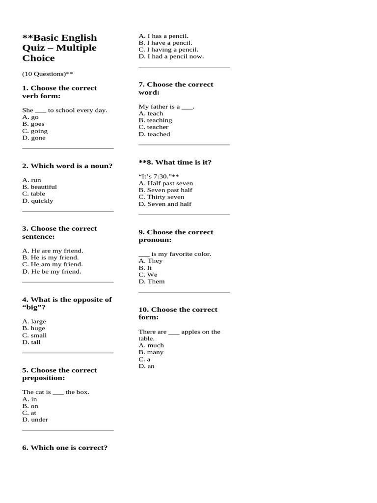 Basic English Quiz | PDF