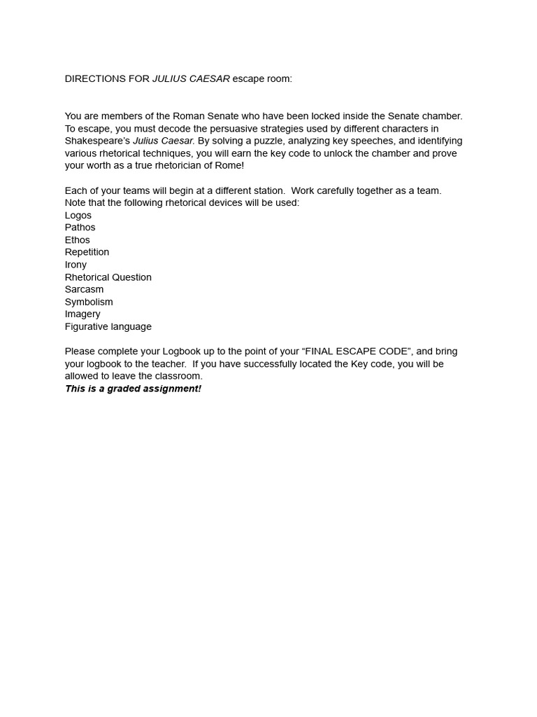 Directions for Julius Caesar Escape Room | PDF