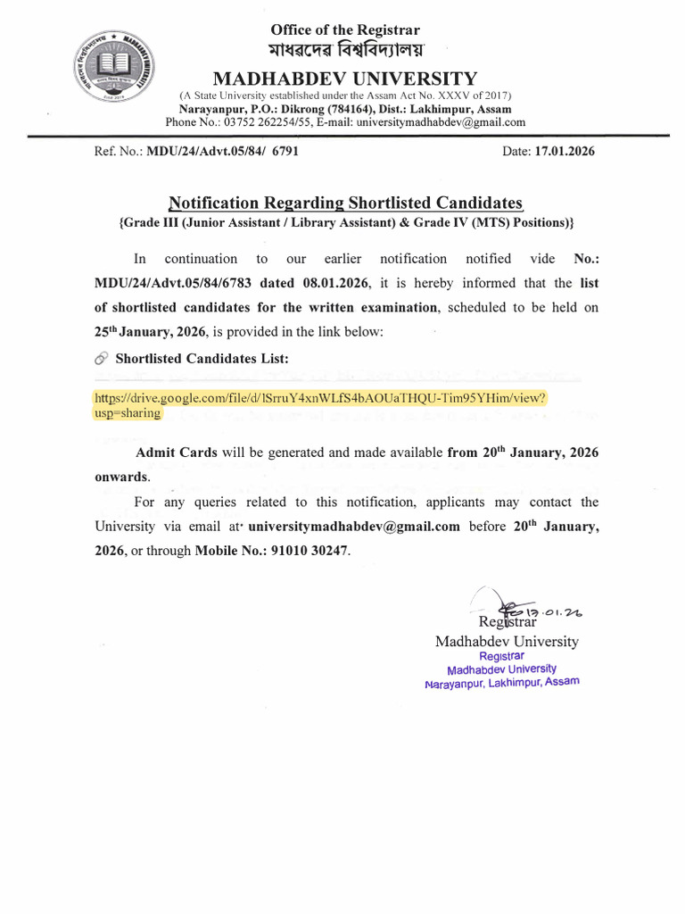 Notification Regarding Shortlisted Candidates | PDF