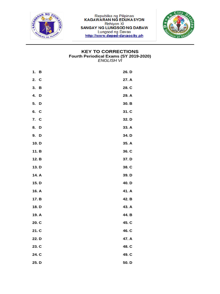 Grade 6 Answer Key Sy 19 20 (1) | PDF