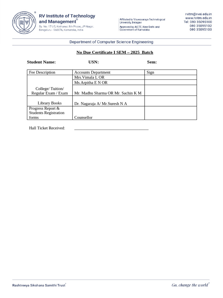 No Due Certificate I SEM – 2025 Batch 14th Jan | PDF