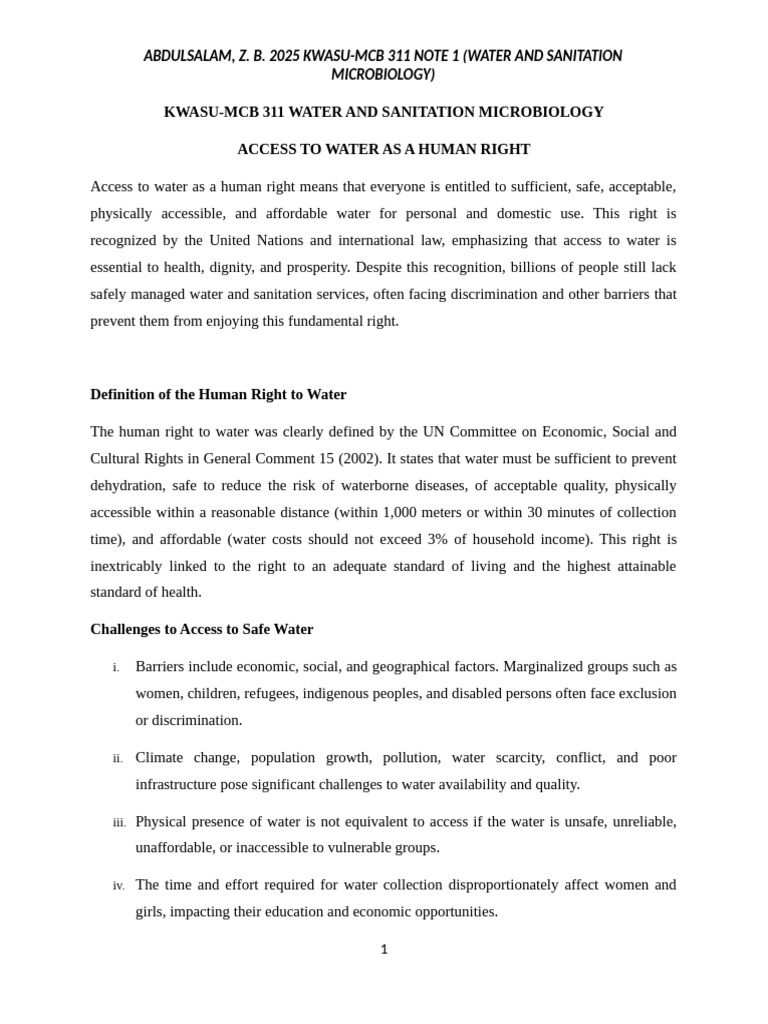 KWASU-MCB 311 NOTE 1 | PDF | Wash | Drinking Water