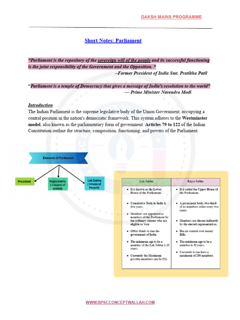 Parliament Short Notes(Eng) | PDF | Parliament | Constitution