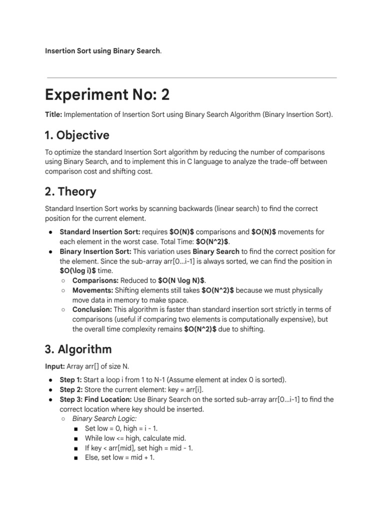 Binary Insertion Sort Lab Report | PDF | Time Complexity | Software ...