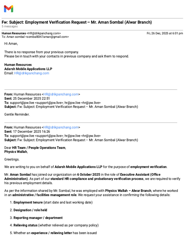 Gmail - Fw_ Subject_ Employment Verification Request – Mr. Aman Sombal ...