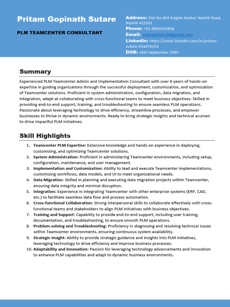 Pritam PLM Teamcenter Consultant CV-1 | PDF | Product Lifecycle ...