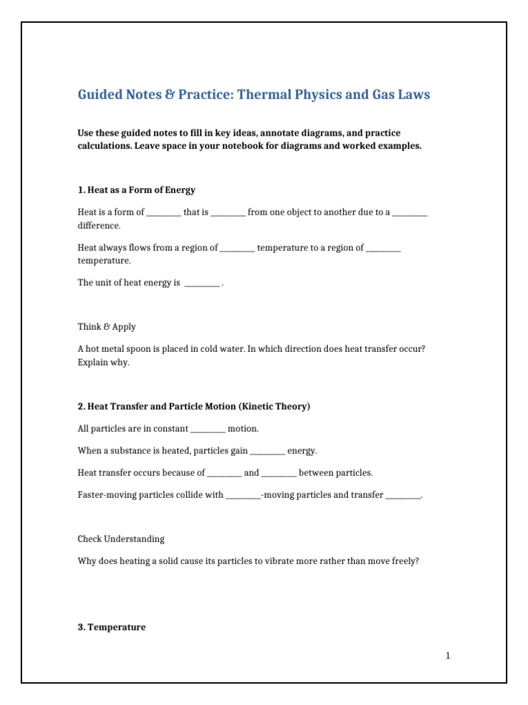 Thermal Physics Guided Notes (2) | PDF | Temperature | Heat