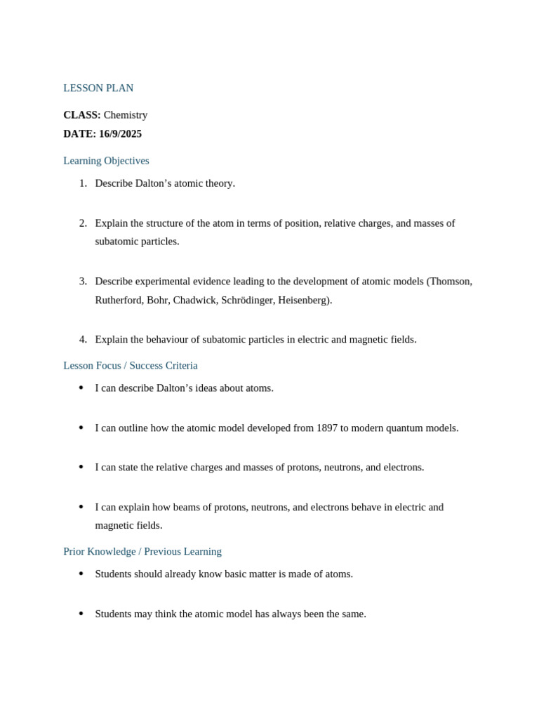 Lesson Plan 1 - Atomic Structure | PDF | Atoms | Neutron
