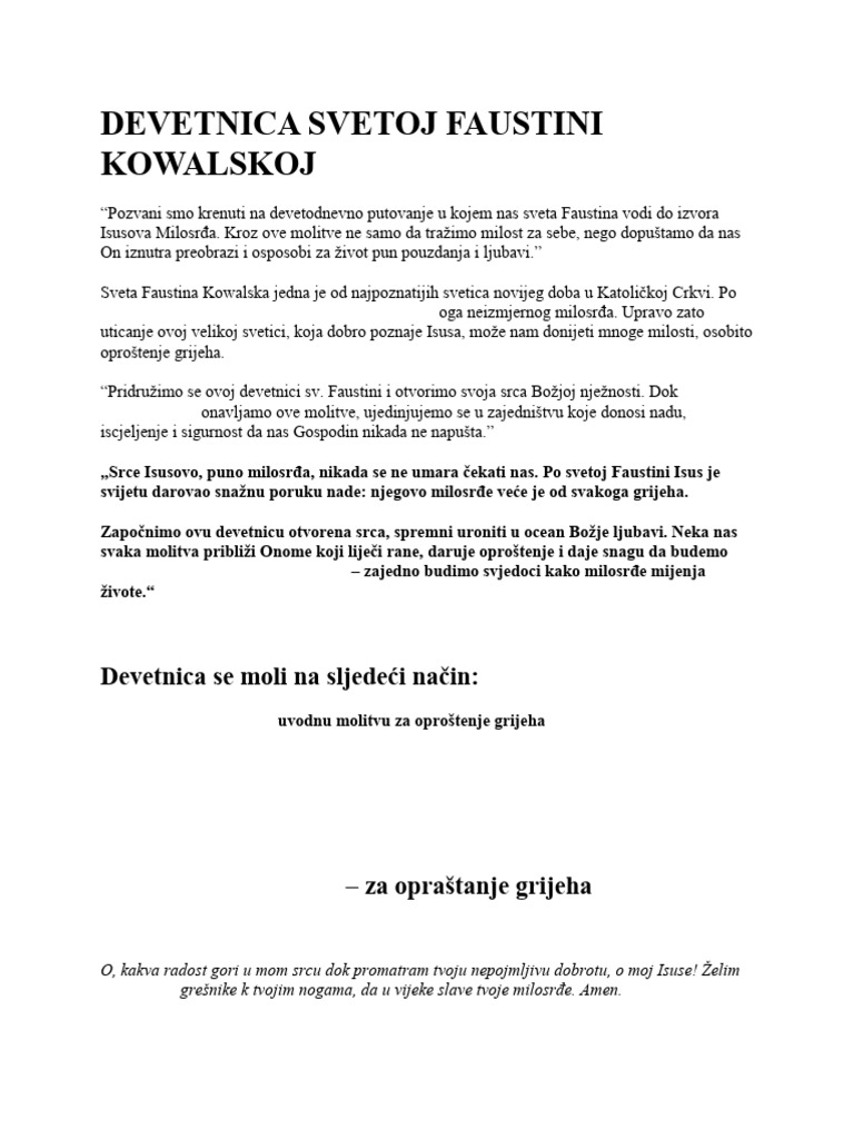 Devetnica Svetoj Faustini Kowalskoj | PDF