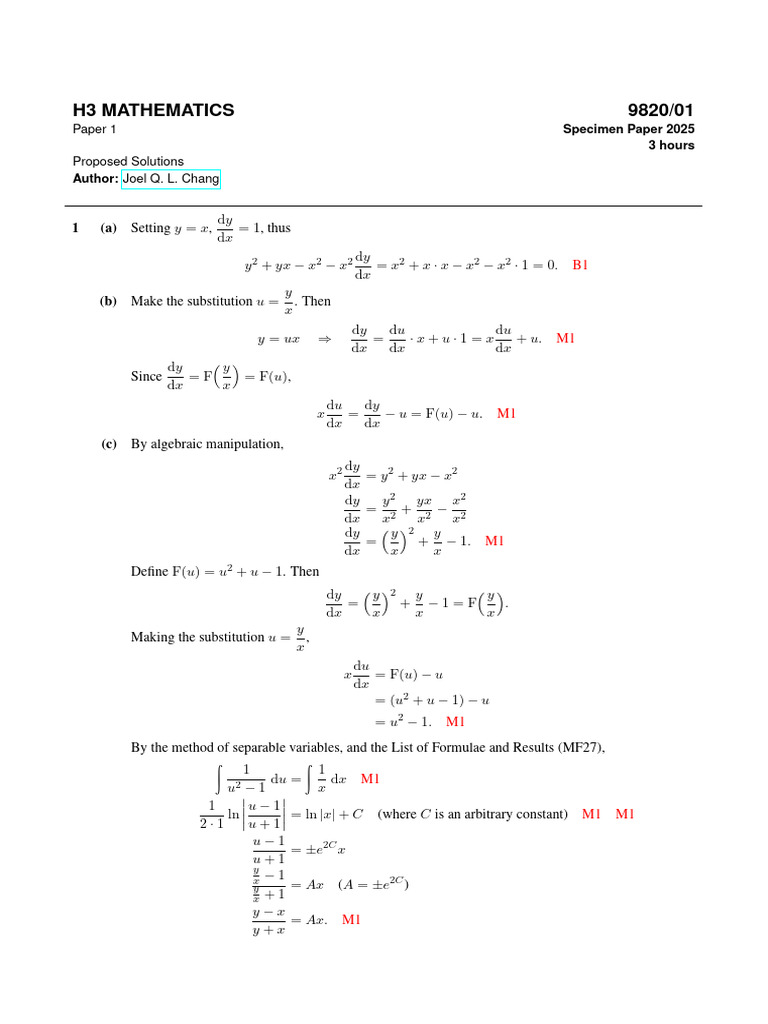 Specimen Paper 2025: H3 Mathematics Solutions | PDF | Mathematical ...