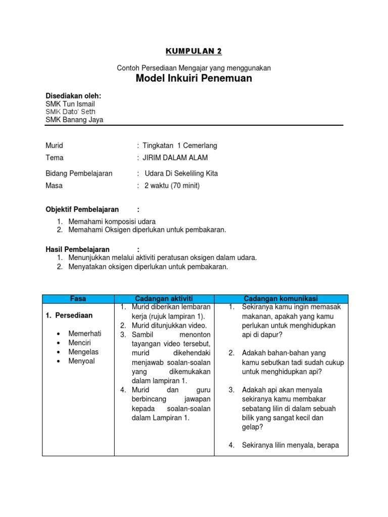 Contoh Persediaan Mengajar Yang Menggunakan Model Inkuiri Penemuan | PDF