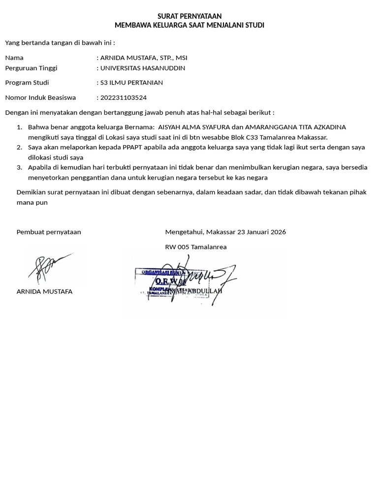 Surat Pernyataan Studi Keluarga ARNIDA | PDF