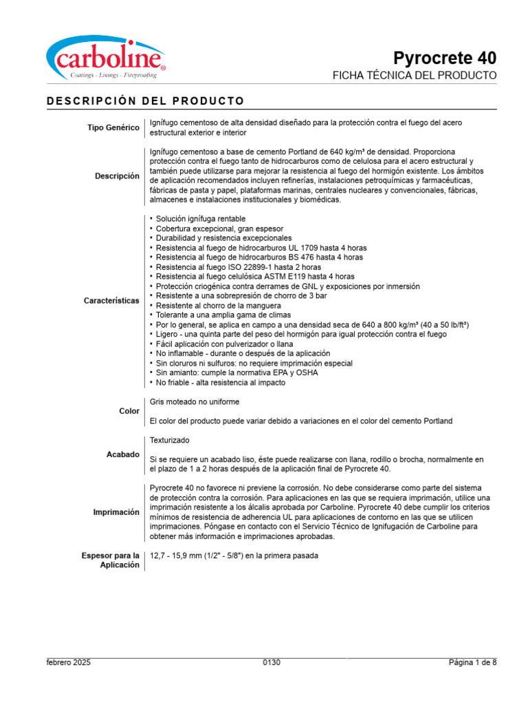 Pyrocrete 40: Protección Ignífuga Efectiva | PDF | Hormigón | Materiales