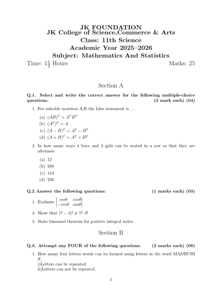 11th Science Unit Test II | PDF | Determinant | Linear Algebra