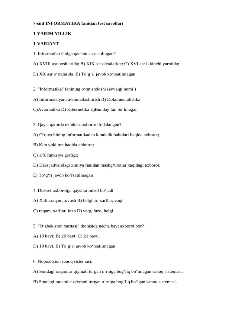 7-Sinf Informatikadan Test Savollari Javobi | PDF