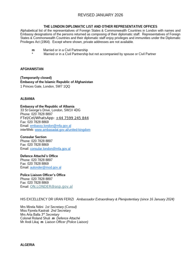 London Diplomatic List 2026 | PDF | Diplomatic Rank | Diplomatic Mission