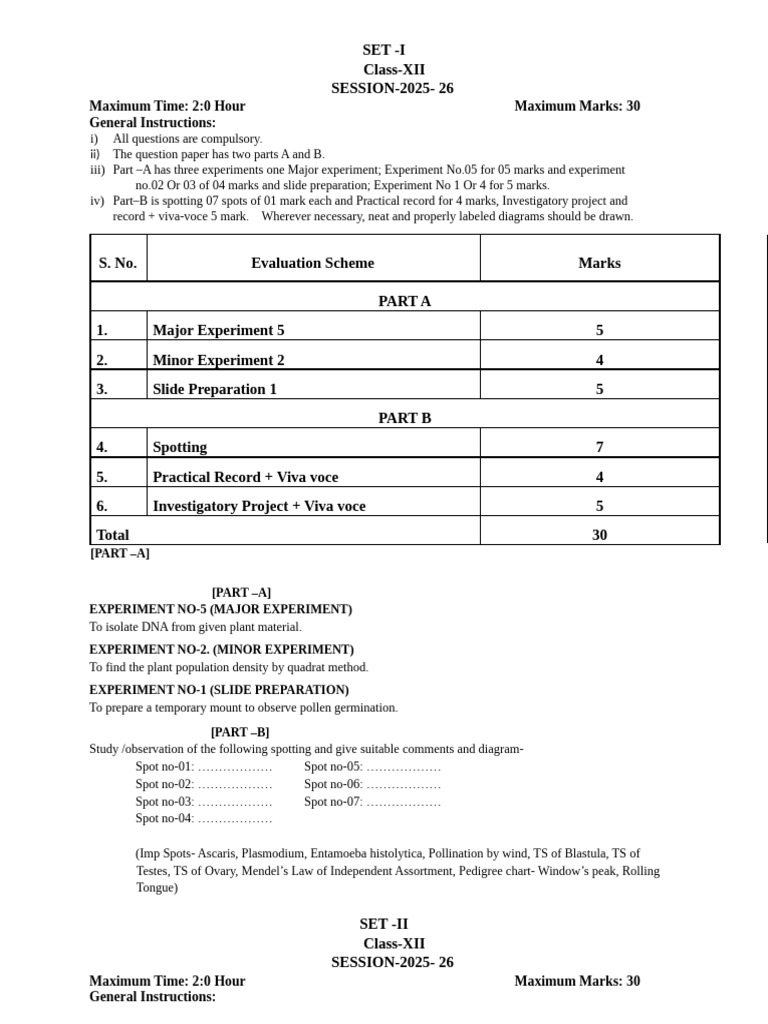 CL 12 Biology Board Practical Sample QP Set 1 & 2 With Marking Scheme | PDF