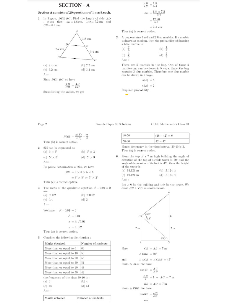 Class 10 Math Pre 2 Anser Key | PDF