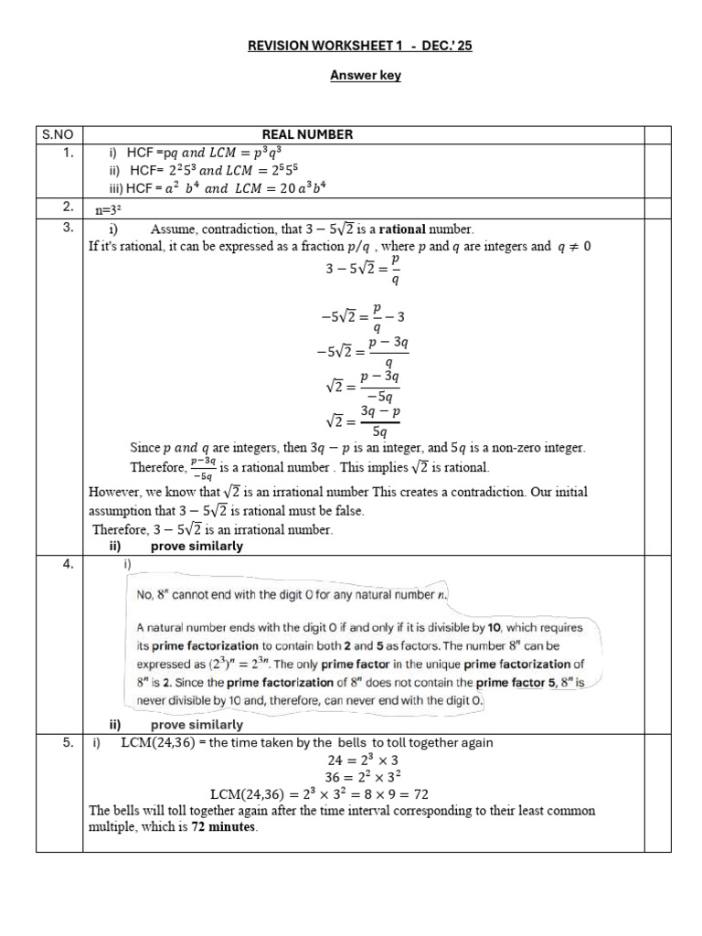 Answer Key -Revision Worksheet 1 December 2025 | PDF | Area | Circle