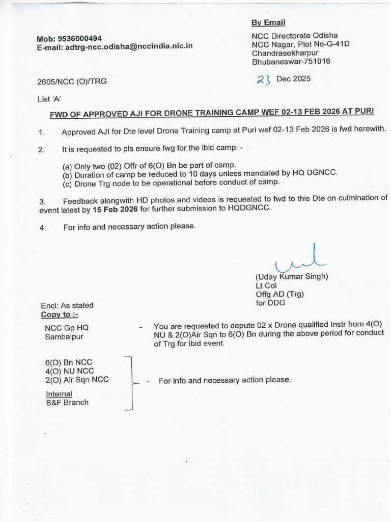 Fwd of Aproved Aji for Drone Training Camp Wef 02-13 Feb 2026 at Puri | PDF