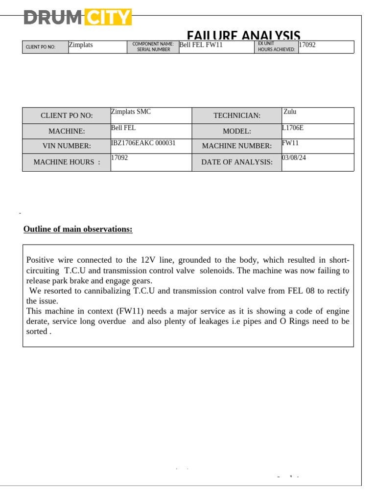 Zimplats Bell FEL FW11 Failure Analysis 5Aug24 | PDF
