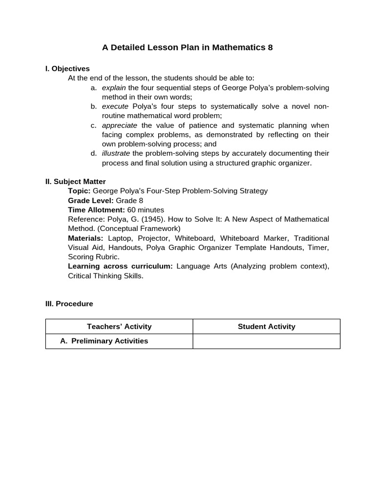 Polya's Problem-Solving in Math 8 Lesson | PDF | Lesson Plan | Thought