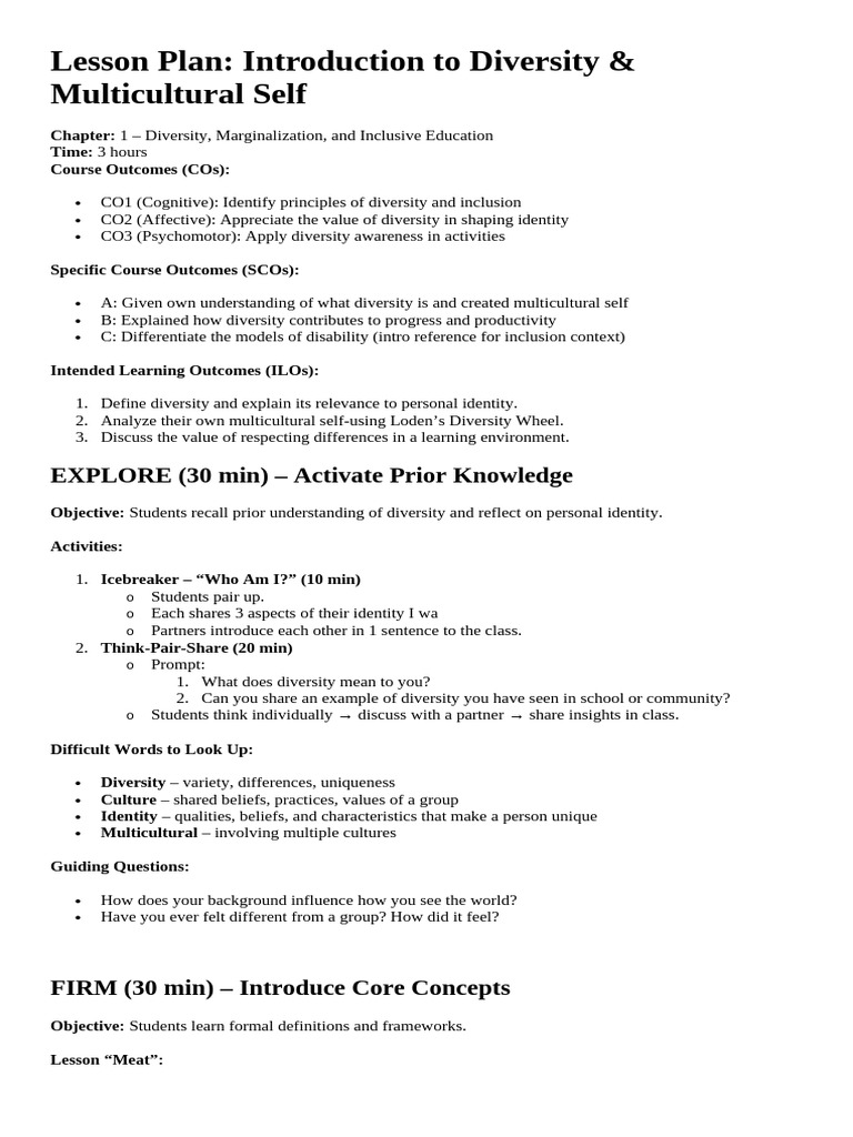 Diversity and Inclusion Lesson Plan | PDF | Inclusion (Education ...