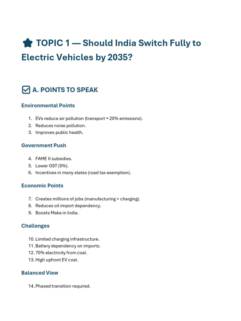⭐ TOPIC 1 — Should India Switch Fully to Electric Vehicles b | PDF ...
