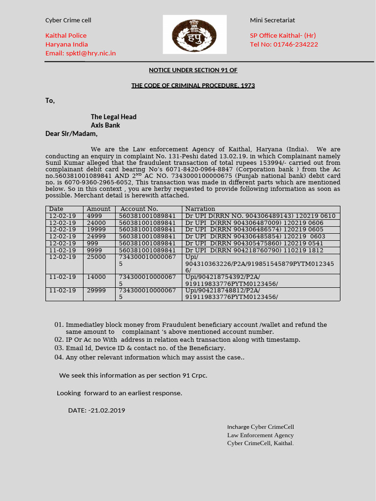 Cyber Crime Investigation Notices Kaithal | PDF | Facebook | Cybercrime