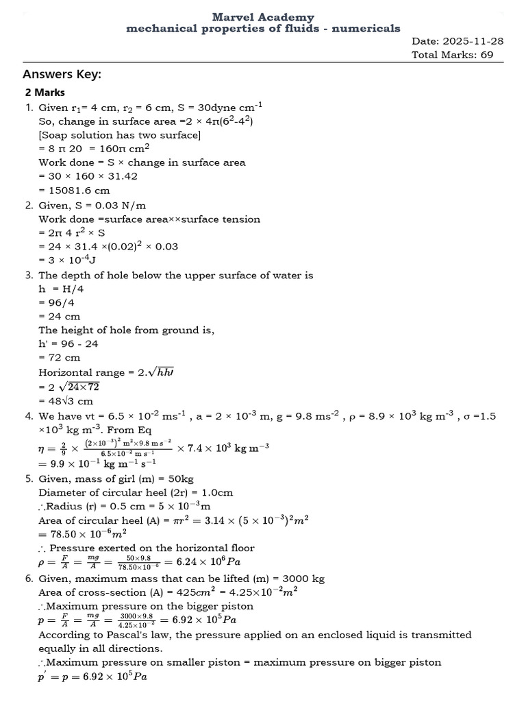 Mechanical Properties of Fluids - Numericals Key | PDF | Density | Pressure