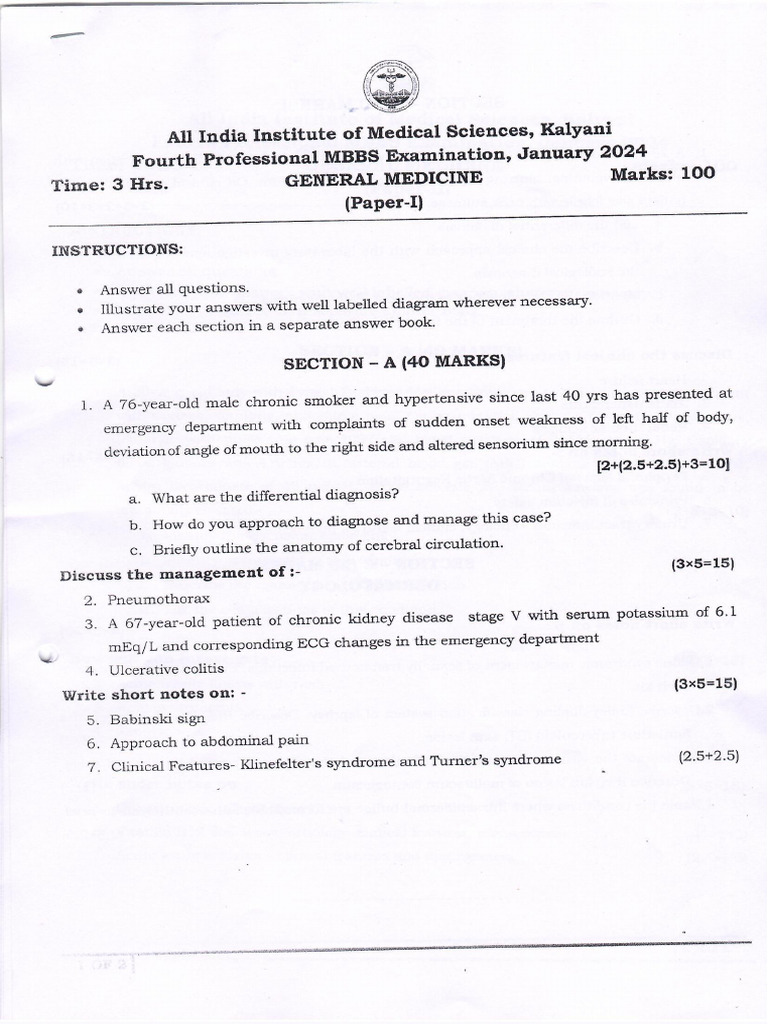 4th MBBS Prof. General Medicine Paper-I 2024 Copy | PDF