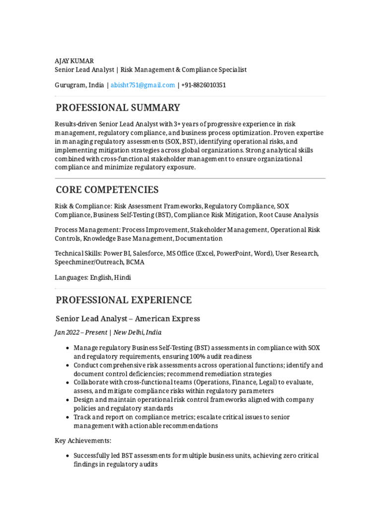 Ajay Kumar Resume | PDF | Regulatory Compliance | Risk