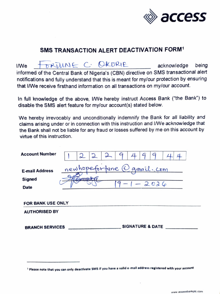 SMS Alert Deactivation Form | PDF