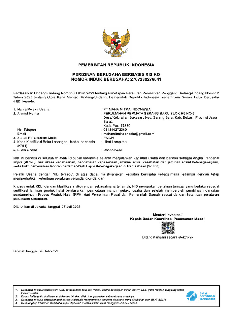 2707230276041 NIB PT.MMI | PDF