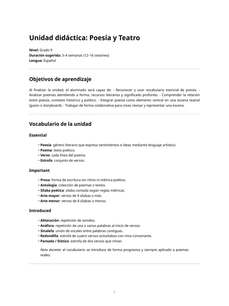 Unidad Didáctica_ Poesía Y Teatro (Grado 9) | PDF | Poesía | Metro (poesía)