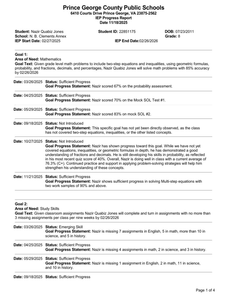 Jones N PR 11-21-25 | PDF | Individualized Education Program | Cognition