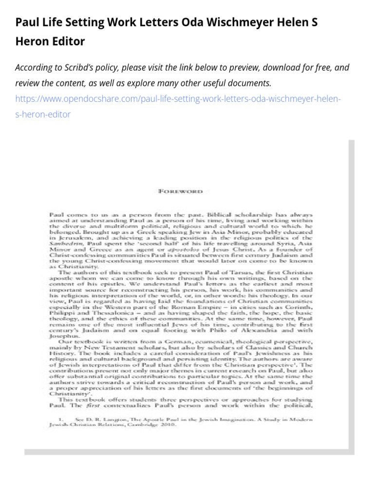 Paul Life Setting Work Letters Oda Wischmeyer Helen S Heron Editor ...