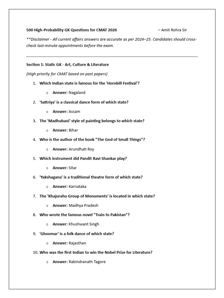 CMAT 2026: 500 GK Questions Guide | PDF | Water