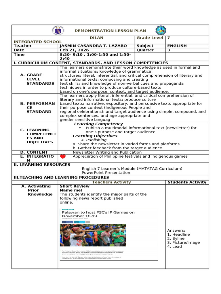 Grade 7 English Newsletter Lesson Plan | PDF | Page Layout | Curriculum