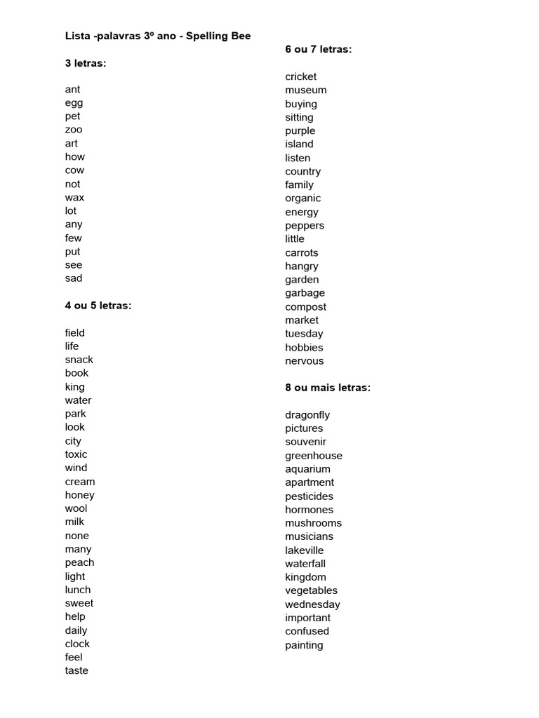 Spelling Bee Word List for 3rd Grade | PDF