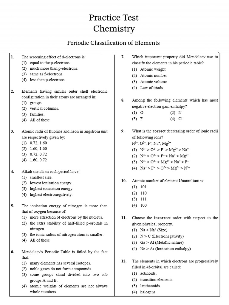 Chemistry Practice Test on Periodic Table | PDF | Periodic Table | Atomic